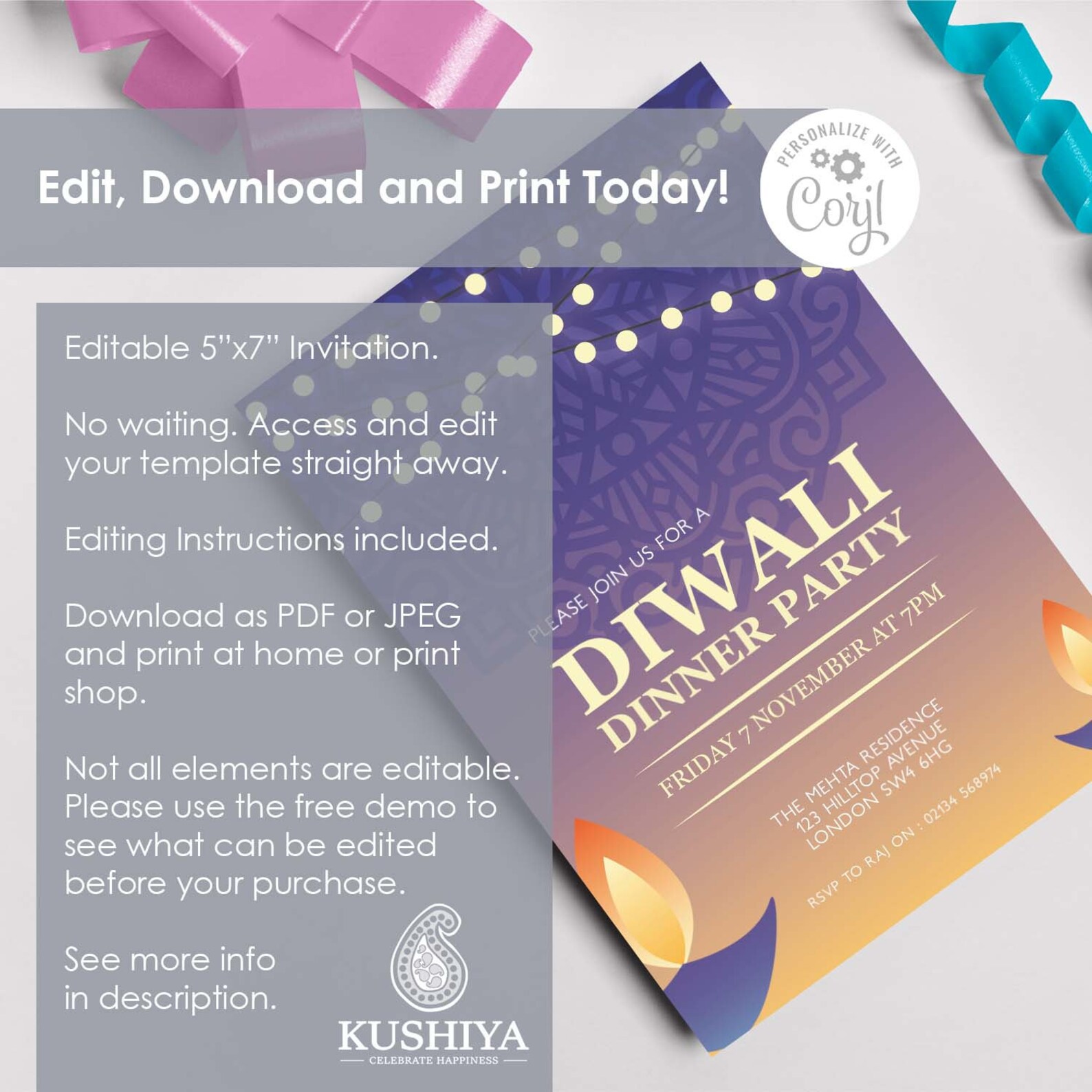 Diwali Dinner Party Invitation - Blue Diya, Editable, Digital File ...
