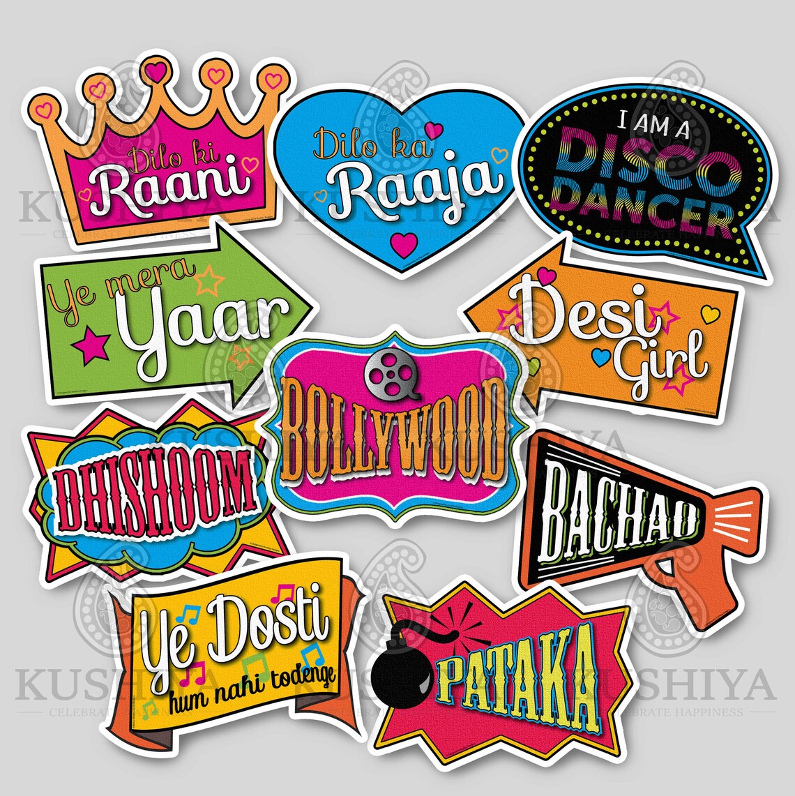 Printed and Cut Bollywood Party Photo Booth Props Set of 10 | Etsy