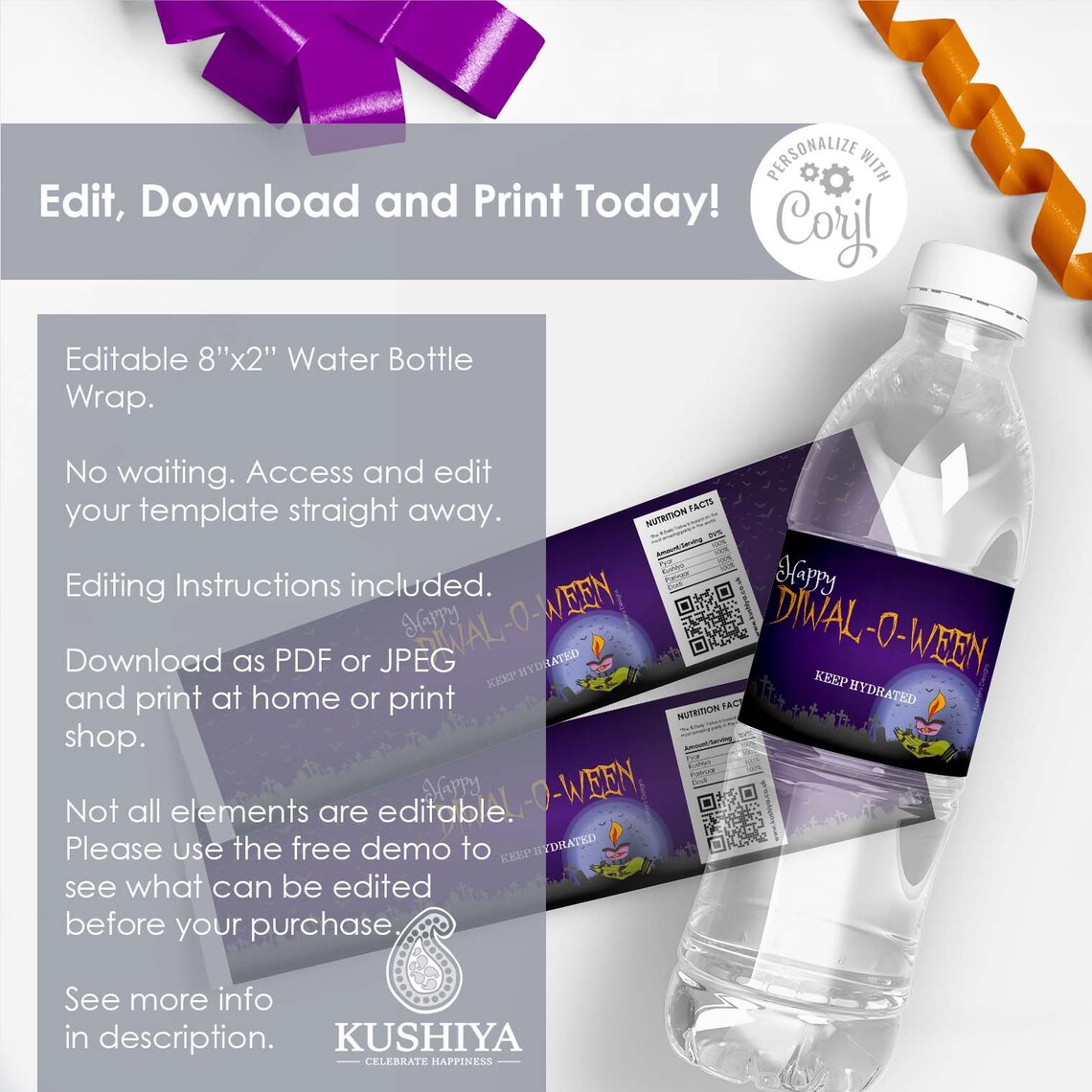 Diwal-o-ween Water Bottle Wrap - Halloween, Diwali, Indian, Desi ...