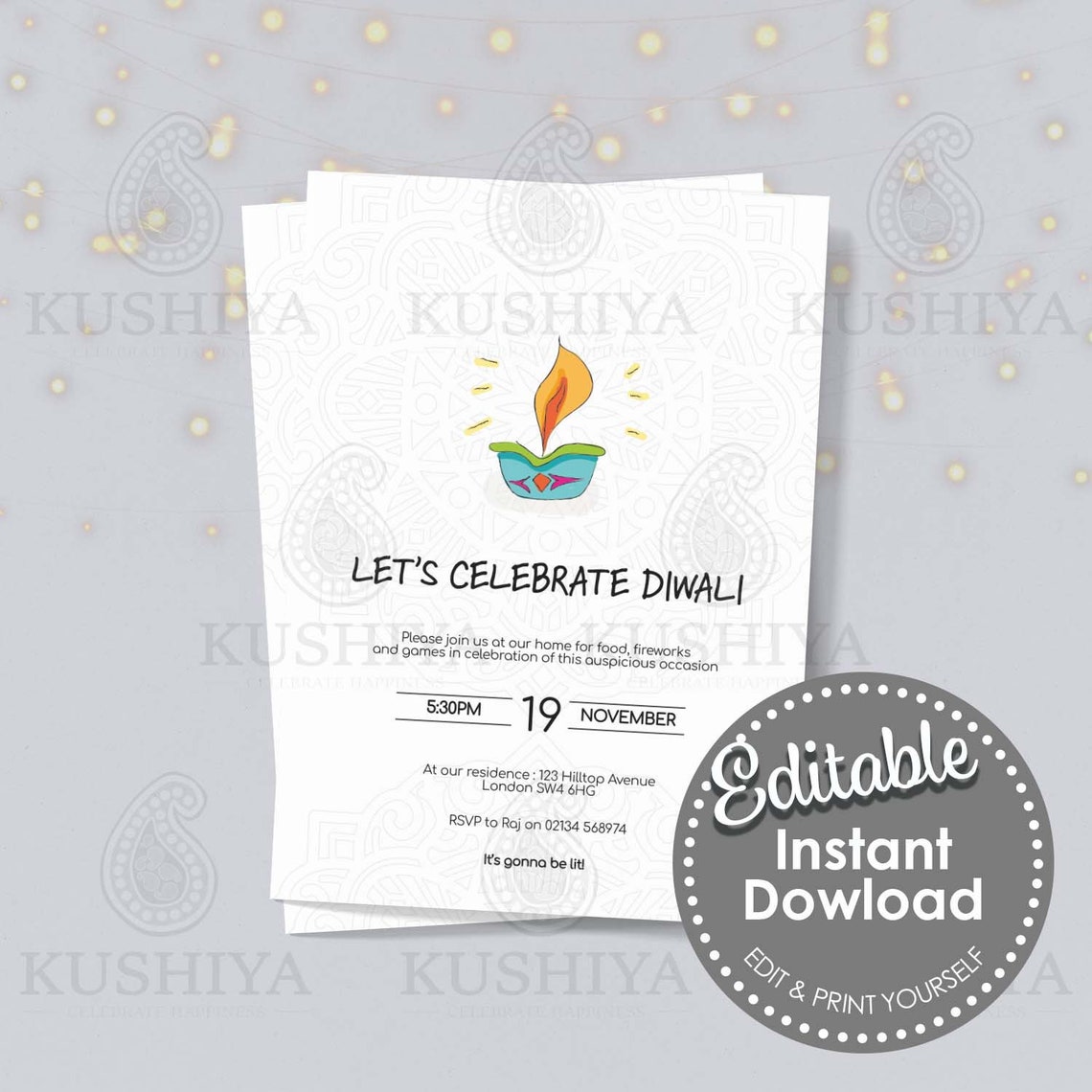 Let's Celebrate Diwali Invitation Diya Editable | Etsy