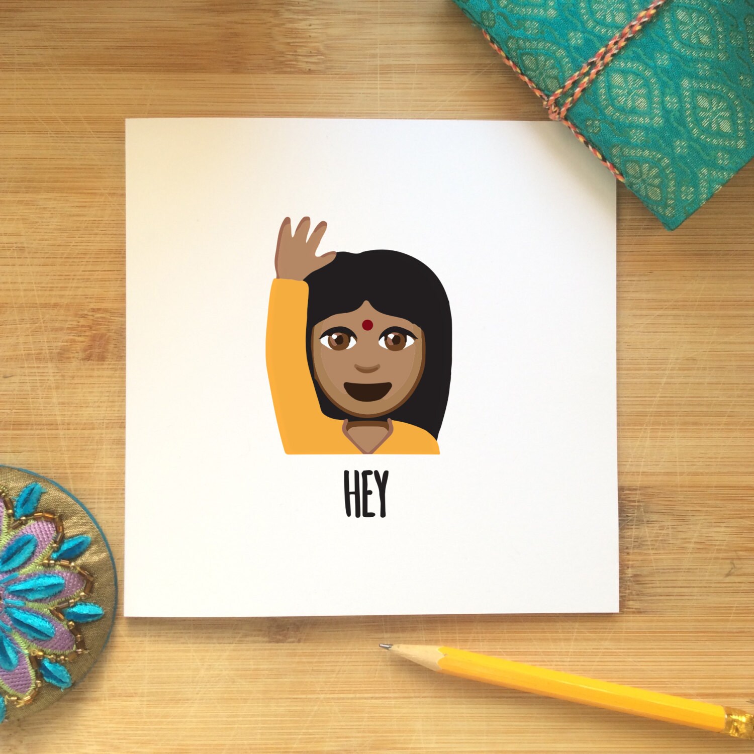 Ethnic Card Indian Girl Emoji With Raised Hand Hey Happy - Etsy UK