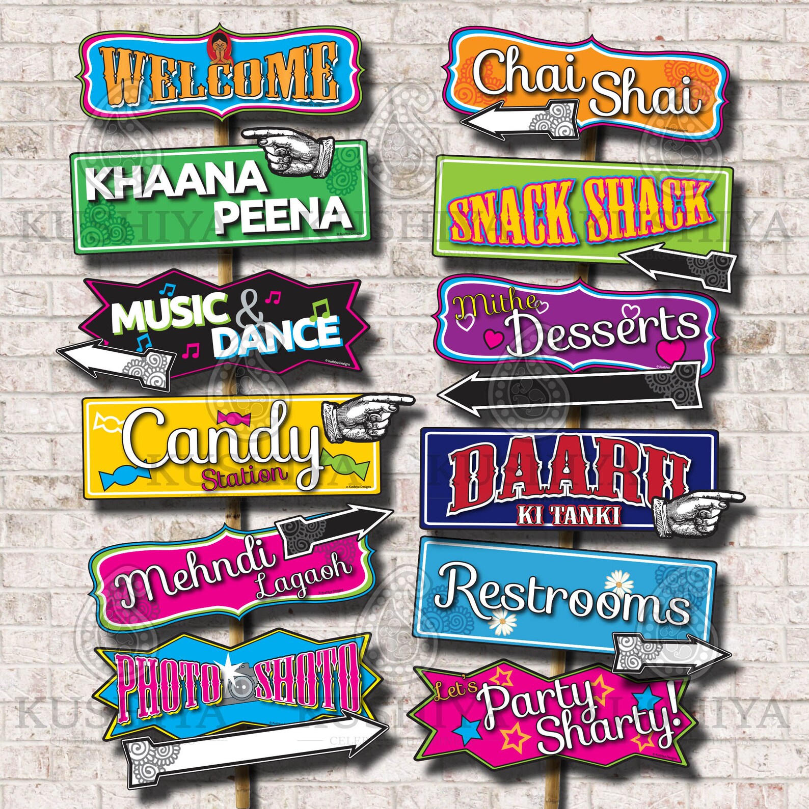 Bollywood Party Direction Signs Set of 12 Bollywood Style | Etsy