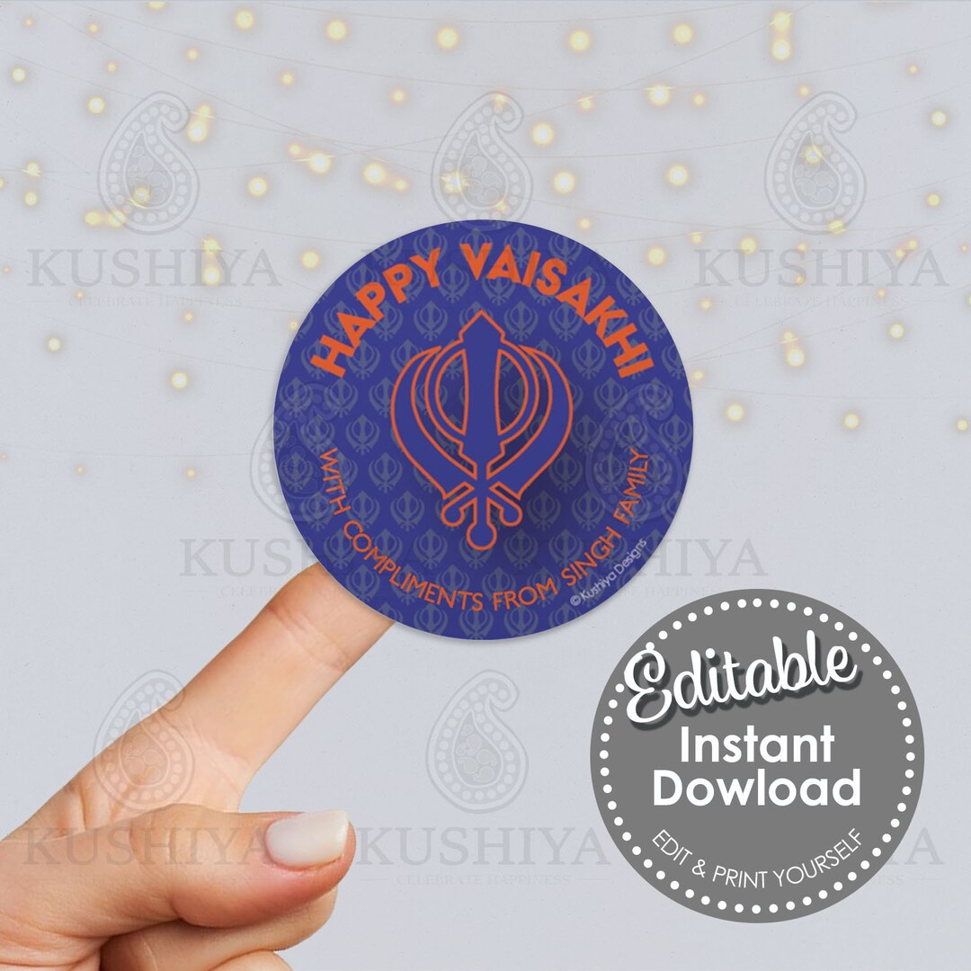 Happy Vaisakhi Navy Pattern Circle Sticker - Sikh Khanda, Editable ...
