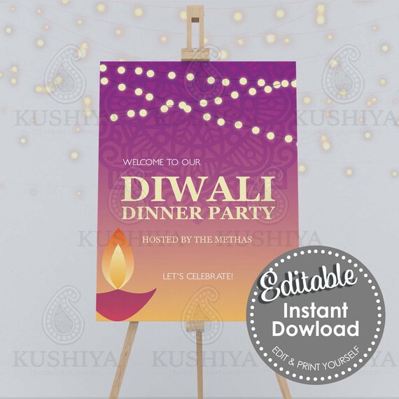 Diwali Dinner Party Welcome Sign Pink Diya Editable | Etsy