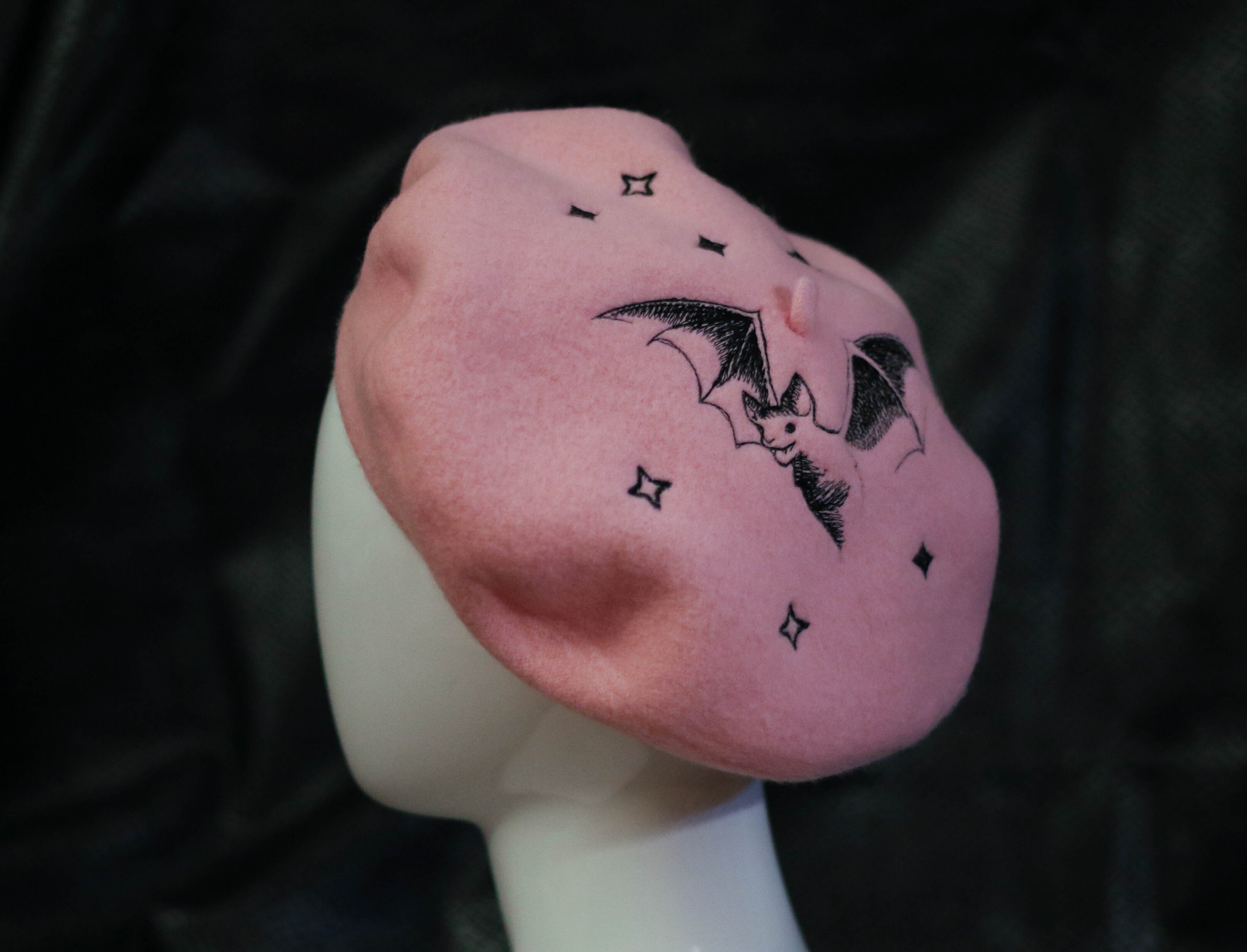 Pink Bat Beret Embroidered Wool Slouchy Hat Winter Gothic | Etsy