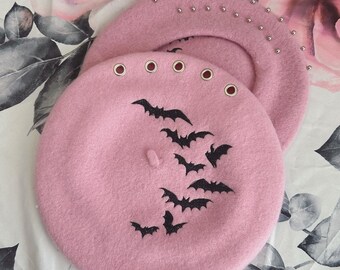 Pink Bat Beret Embroidered Wool Slouchy Hat Winter Gothic - Etsy