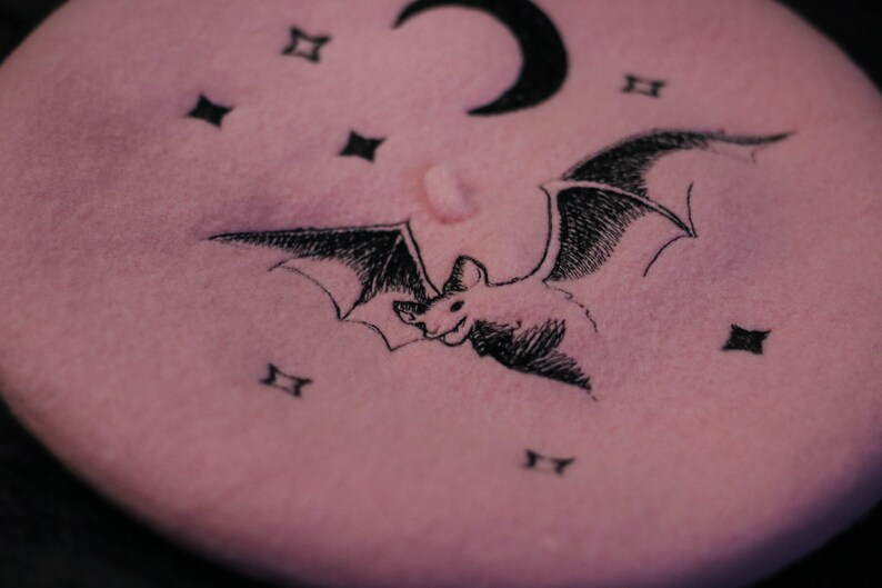 Pink Bat Beret Embroidered Wool Slouchy Hat Winter Gothic - Etsy