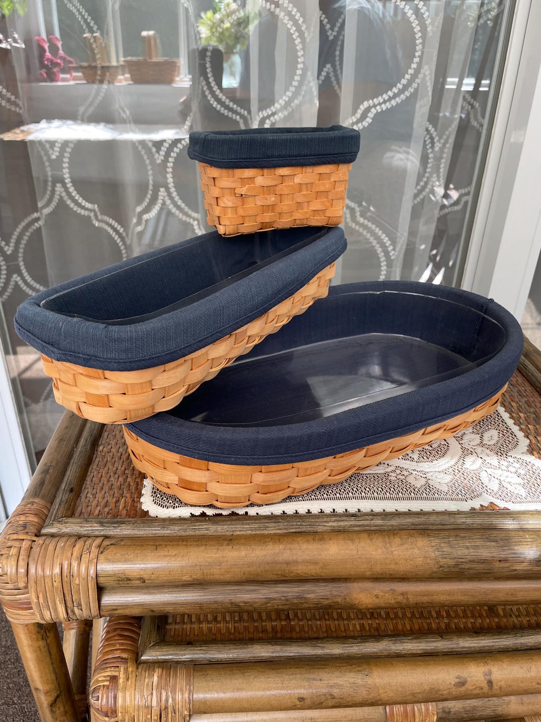 Group of 3 Vintage Tasket Baskets With Blue Cotton Lining and Plastic ...