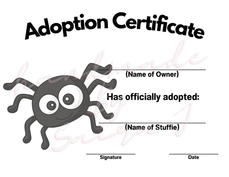 Spider Printable Stuffed Animal Adoption Certificate Downloadable ...