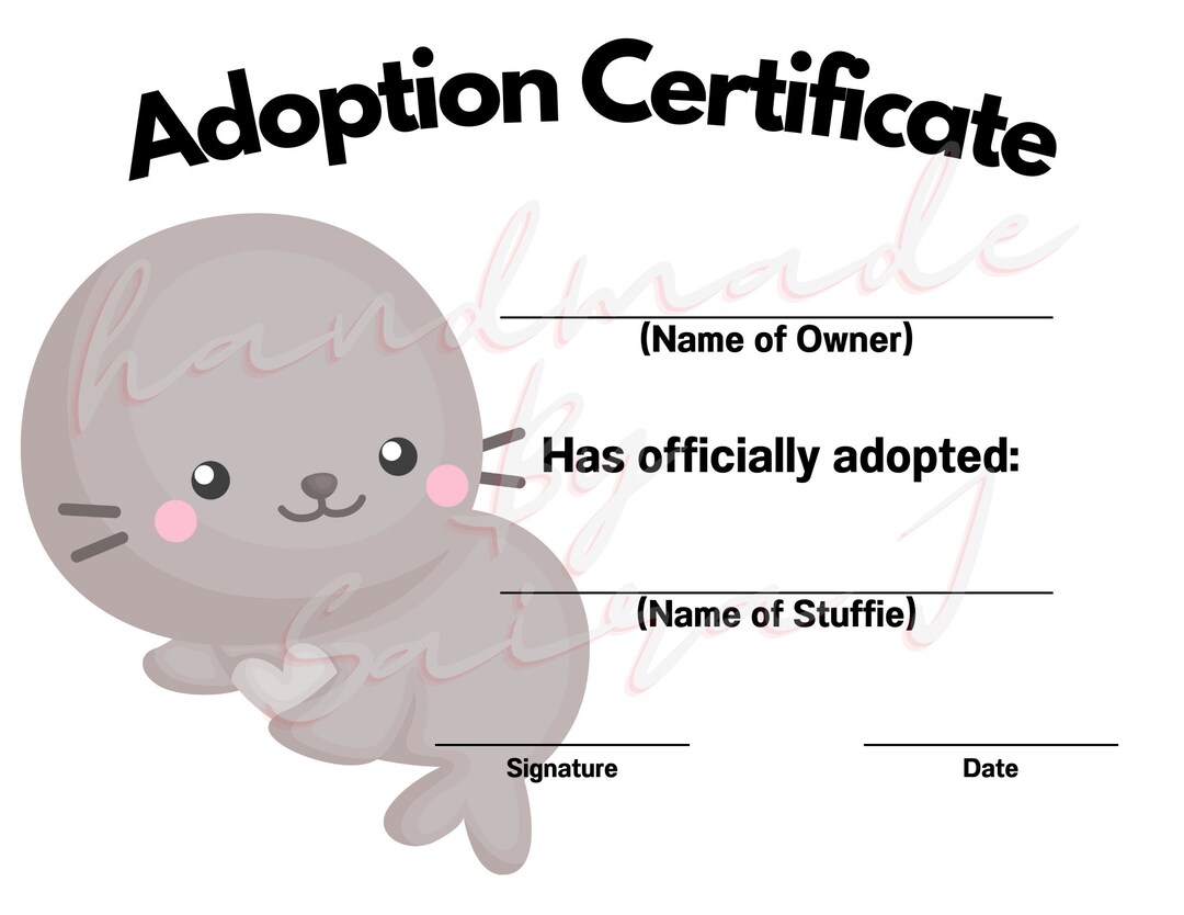 Seal Printable Stuffed Animal Adoption Certificate Downloadable Plushie ...