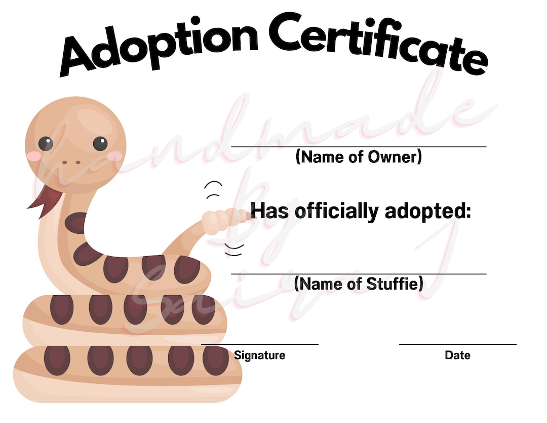 Snake Printable Stuffed Animal Adoption Certificate Downloadable ...