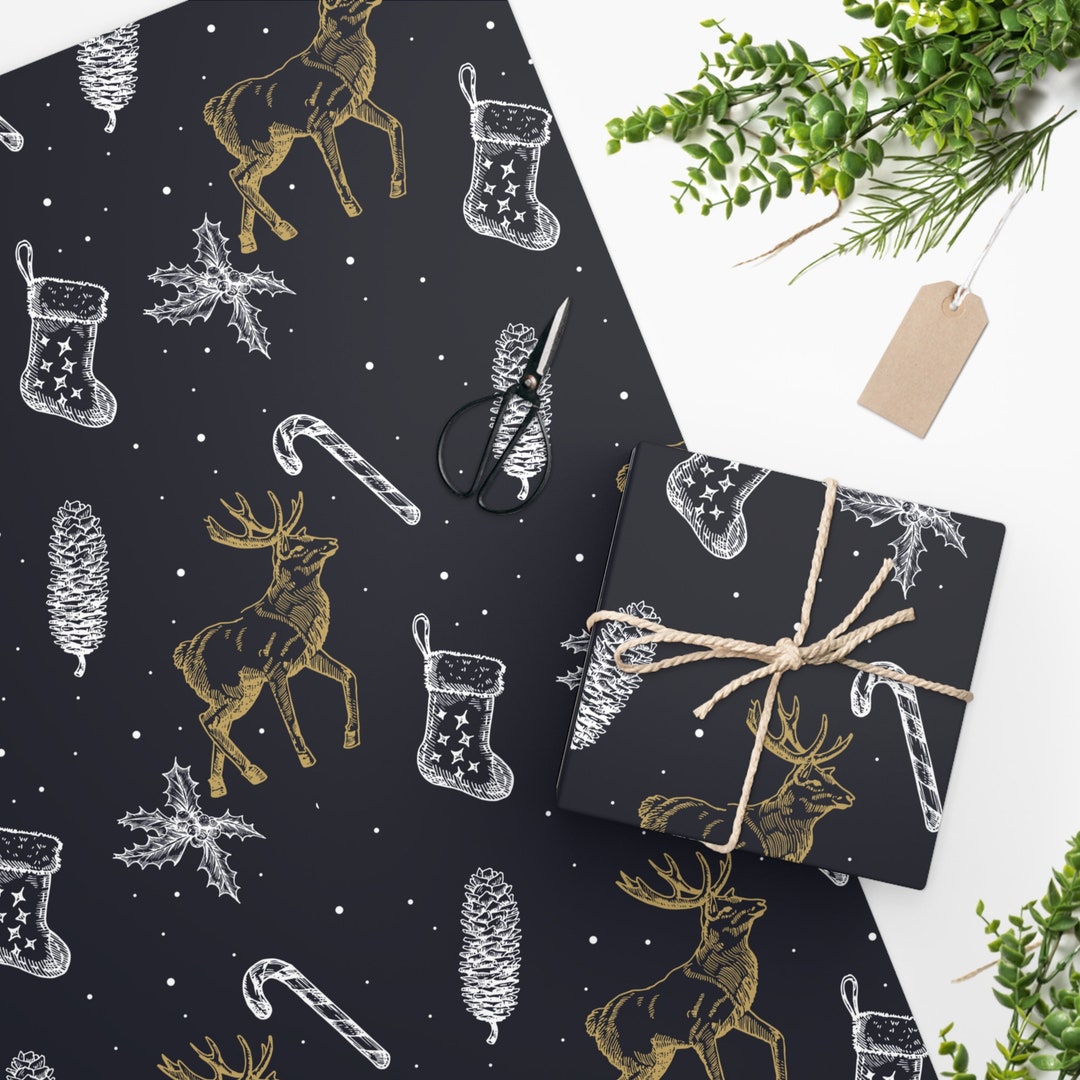 Christmas Wrapping Paper Xmas Gift Wrap Gold Reindeer White - Etsy