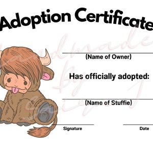 Highland Cow Printable Stuffed Animal Adoption Certificate - Etsy
