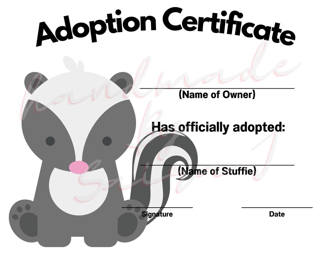 Skunk Printable Stuffed Animal Adoption Certificate Downloadable ...