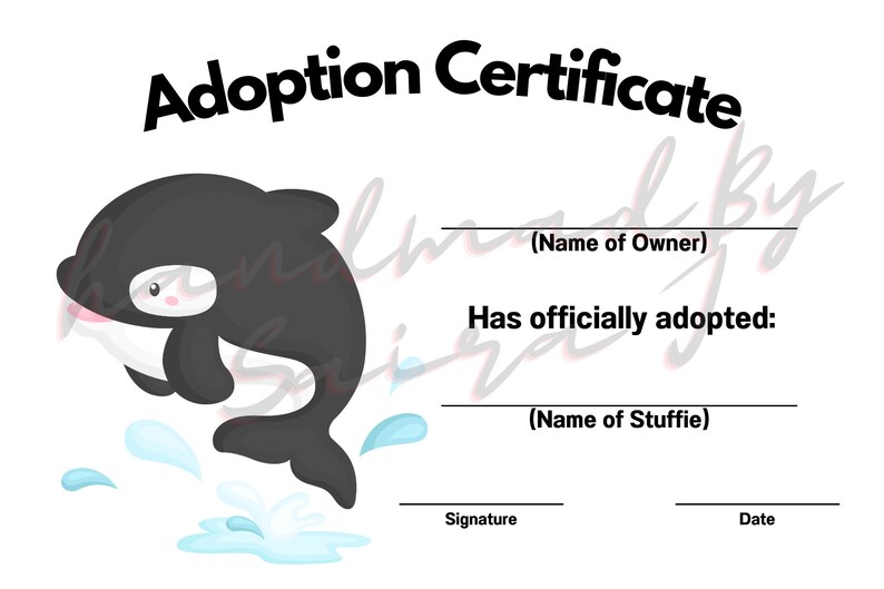 Orca Stuffed Animal Adoption Certificate Printable (PDF) - Etsy