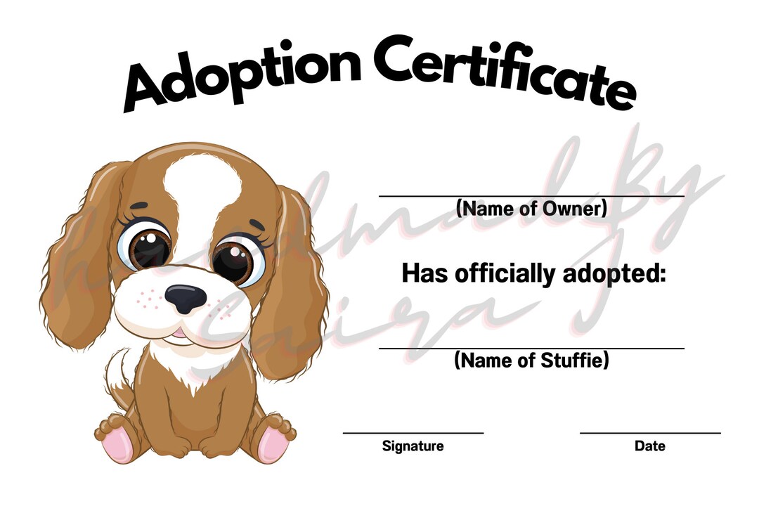 Puppy Printable Stuffed Animal Adoption Certificate Downloadable ...