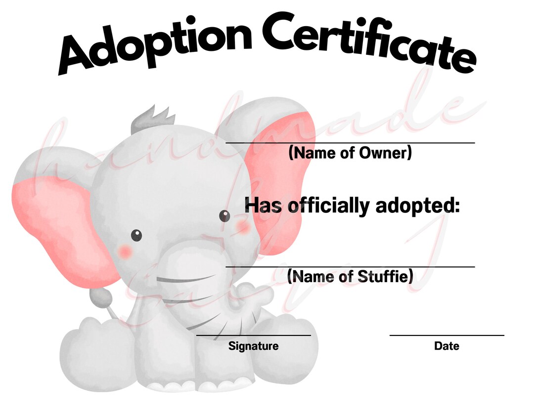 Elephant Printable Stuffed Animal Adoption Certificate Downloadable ...