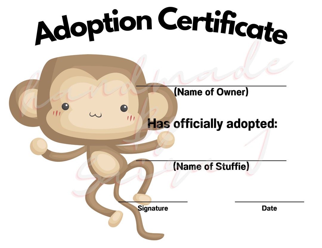Monkey Printable Stuffed Animal Adoption Certificate Downloadable ...
