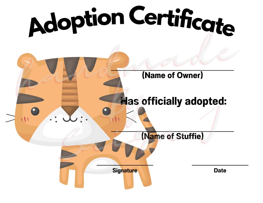 Tiger Printable Stuffed Animal Adoption Certificate Downloadable ...