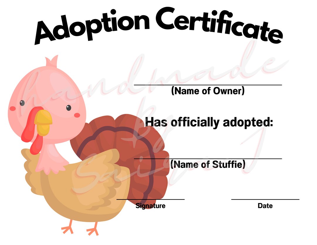 Turkey Printable Stuffed Animal Adoption Certificate Downloadable ...