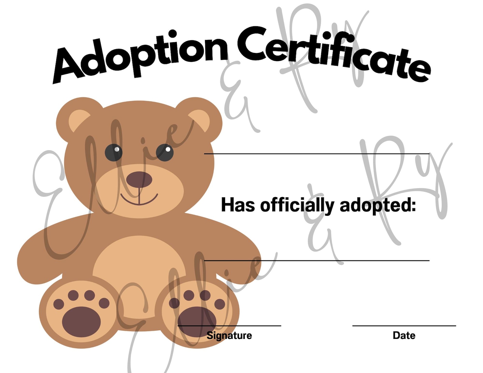 Teddy Bear Adoption Certificate Printable (PDF Download) - Etsy