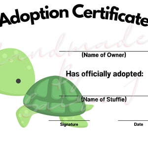 Turtle Printable Stuffed Animal Adoption Certificate Downloadable ...