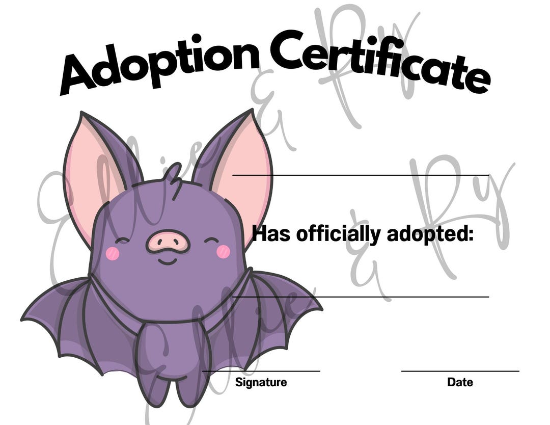 Bat Printable Stuffed Animal Adoption Certificate Downloadable Plushie ...
