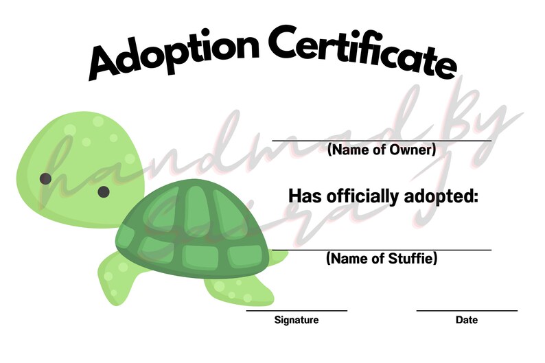 Turtle Stuffed Animal Adoption Certificate (PDF Download) - Etsy
