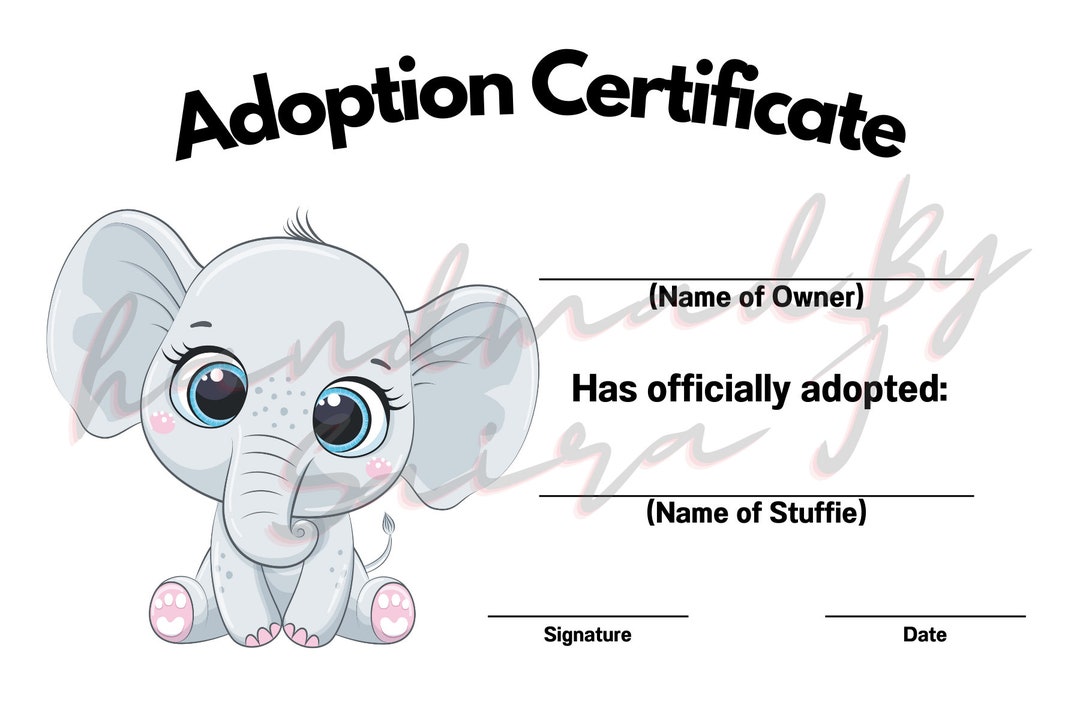 C Elephant Printable Stuffed Animal Adoption Certificate Downloadable ...