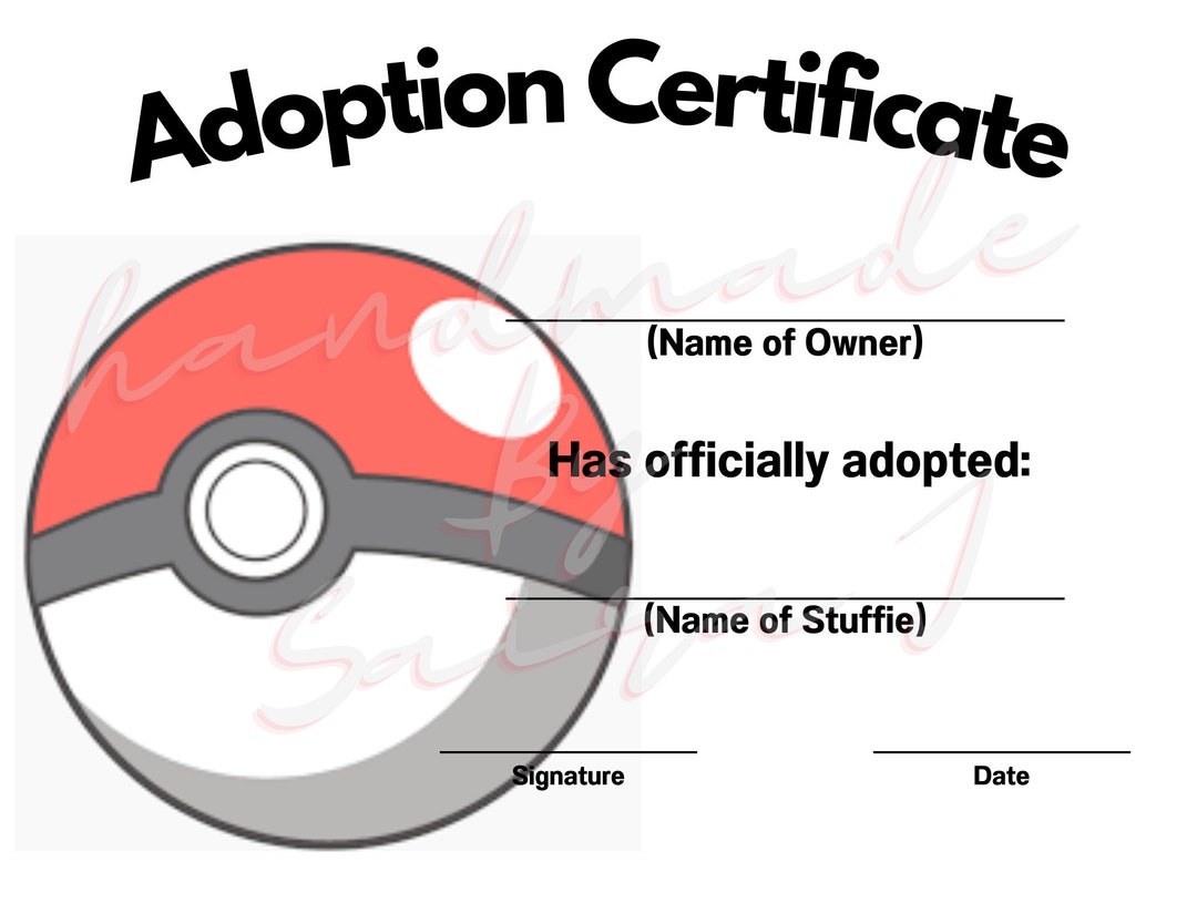 Poke Printable Stuffed Animal Adoption Certificate Downloadable Plushie ...