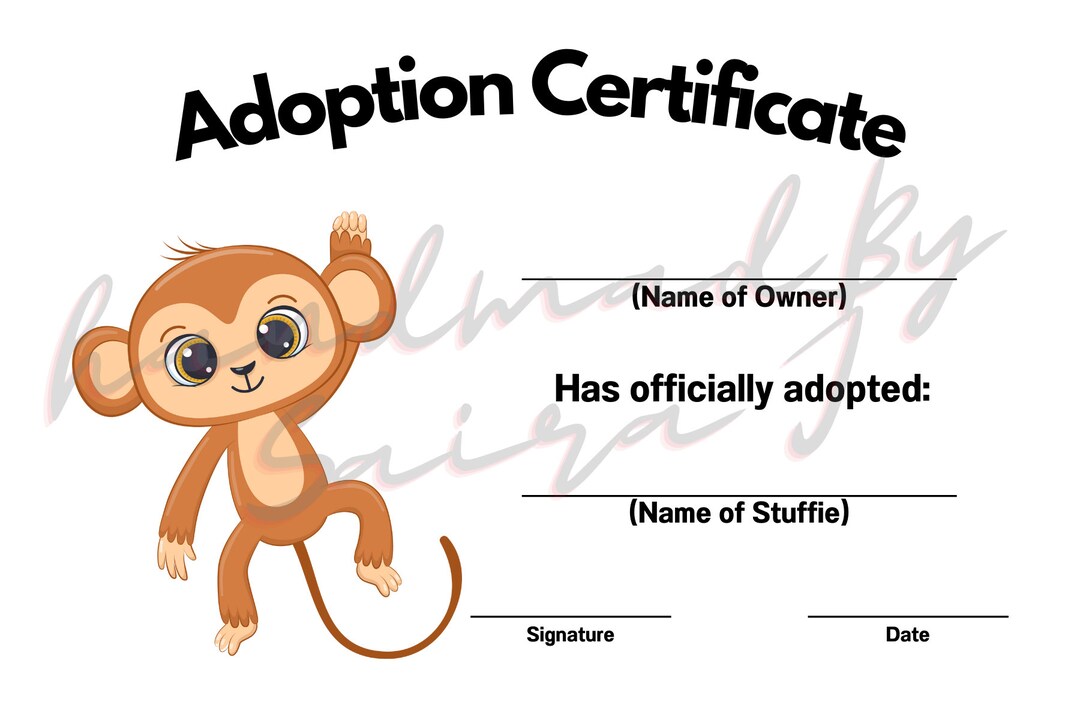 Monkey Printable Stuffed Animal Adoption Certificate Downloadable ...