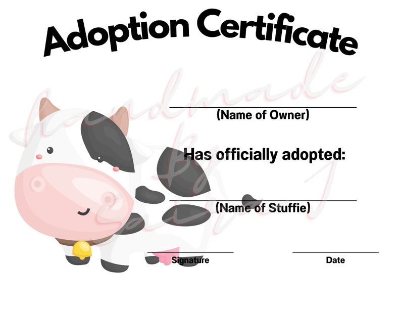 Cow Printable Stuffed Animal Adoption Certificate Downloadable - Etsy
