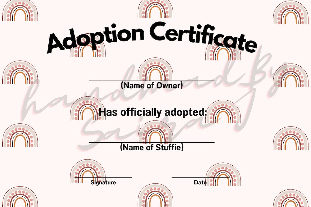 Boho Rainbow Printable Stuffed Animal Adoption Certificate Downloadable ...