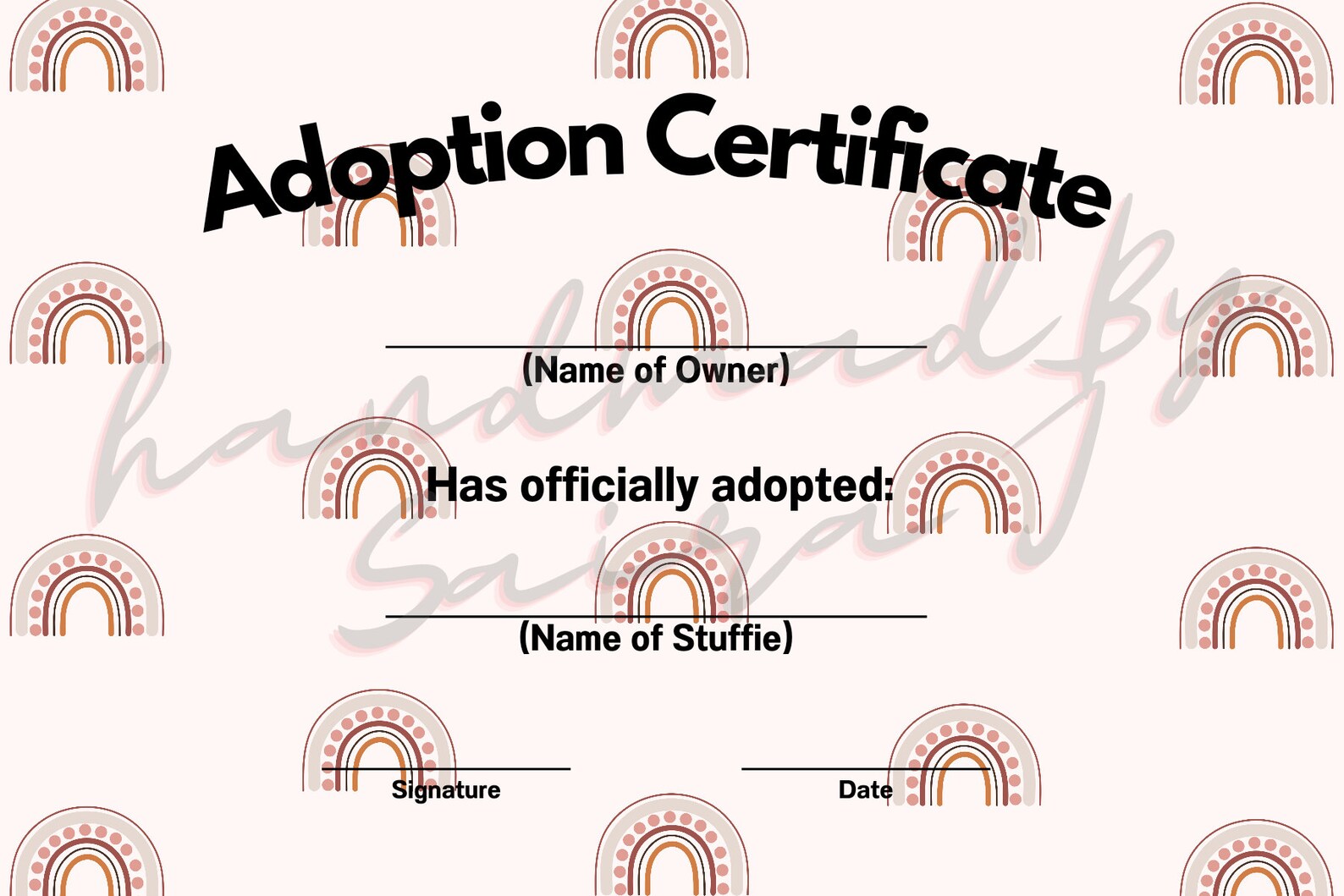 Boho Rainbow Printable Stuffed Animal Adoption Certificate Downloadable ...