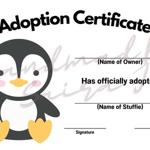 CF Penguin Printable Stuffed Animal Adoption Certificate Downloadable ...