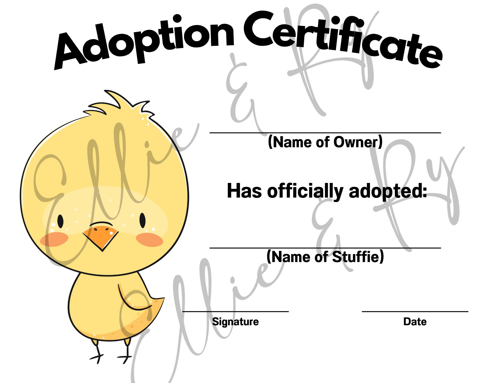 Printable Chick Stuffed Animal Adoption Certificate (PDF Download) - Etsy