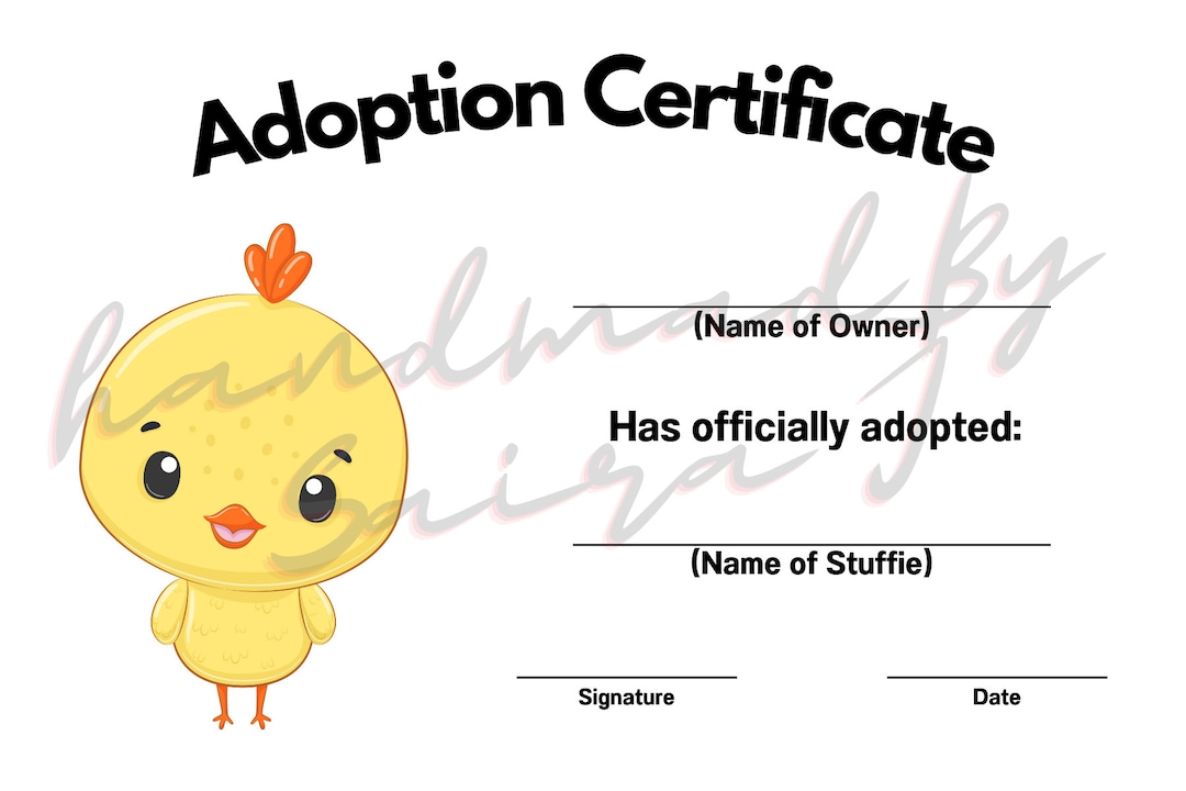 Chick Printable Stuffed Animal Adoption Certificate Downloadable ...