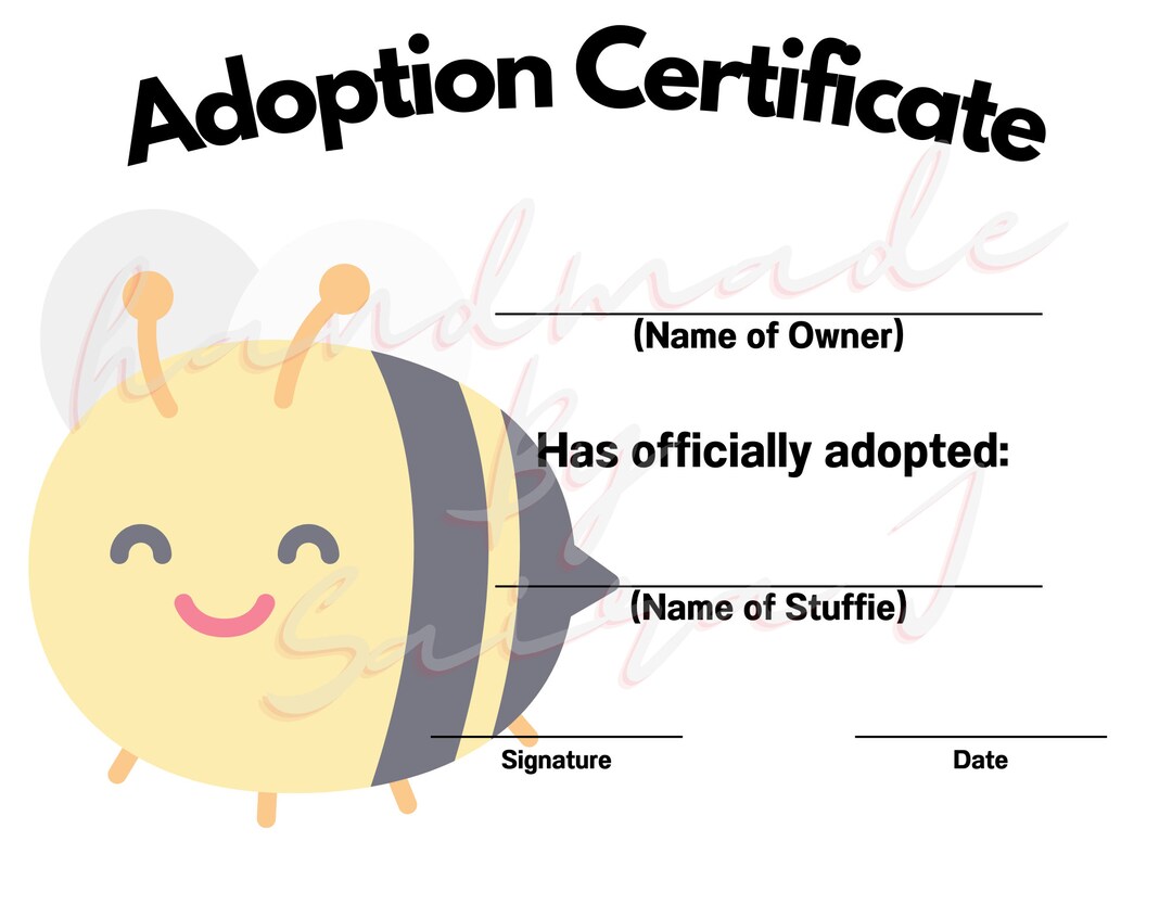 Chunky Bee Printable Stuffed Animal Adoption Certificate Downloadable ...