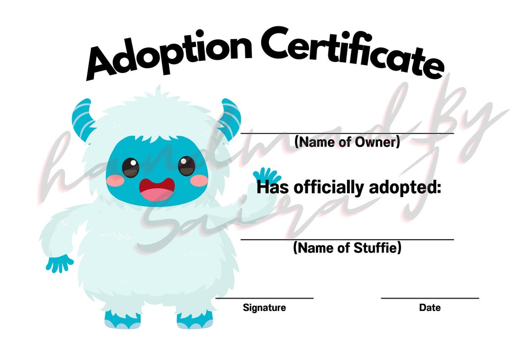 Yeti Stuffed Animal Adoption Certificate Printable (PDF) - Etsy