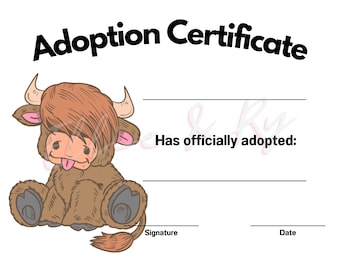 Cow Printable Stuffed Animal Adoption Certificate Downloadable Plushie ...