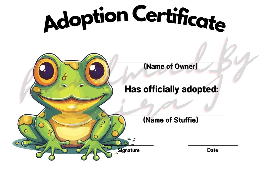 Frog Printable Stuffed Animal Adoption Certificate Downloadable Plushie ...