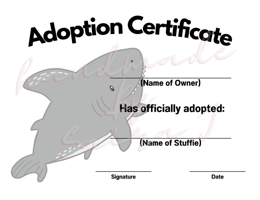 Shark Printable Stuffed Animal Adoption Certificate Downloadable ...