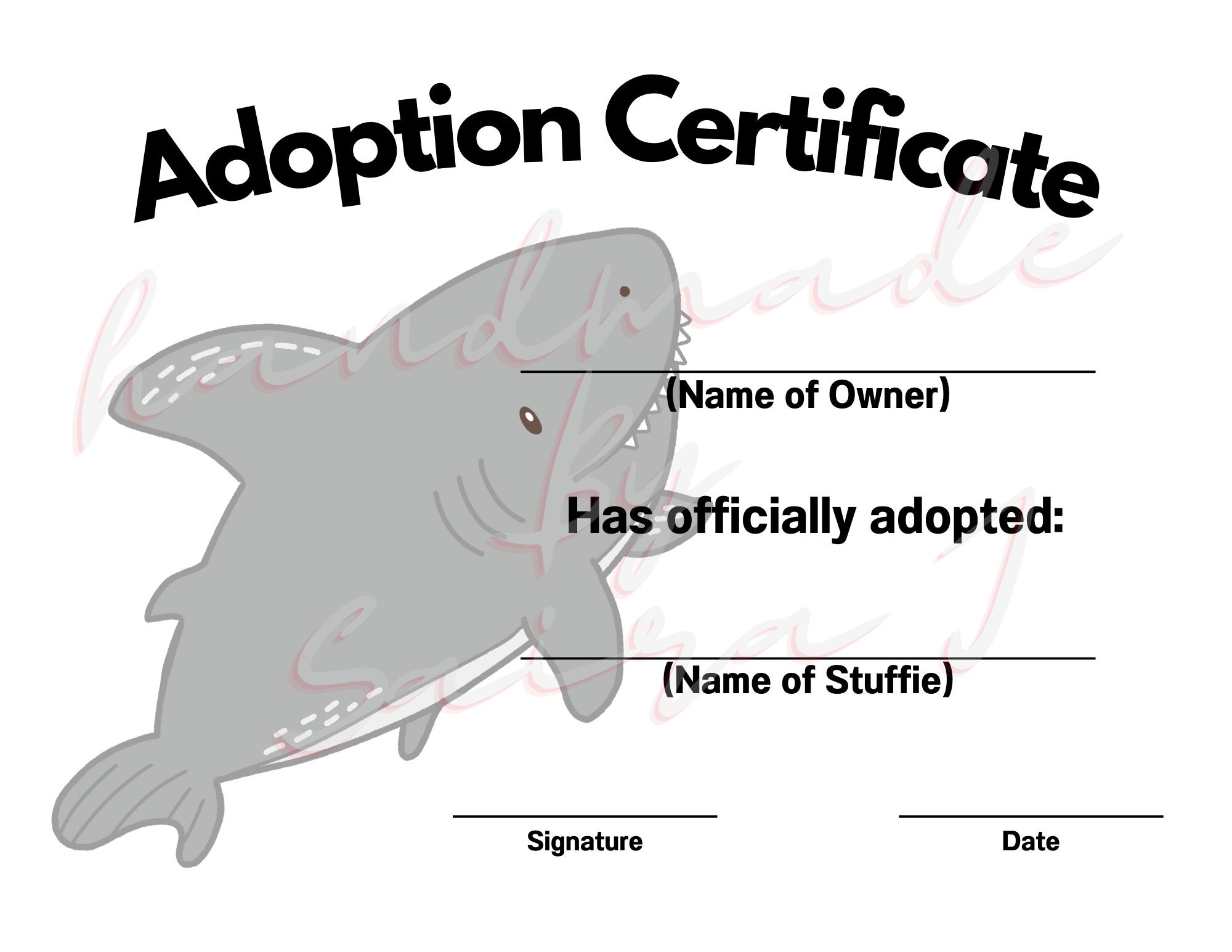 Shark Stuffed Animal Adoption Certificate (PDF Download) - Etsy Canada