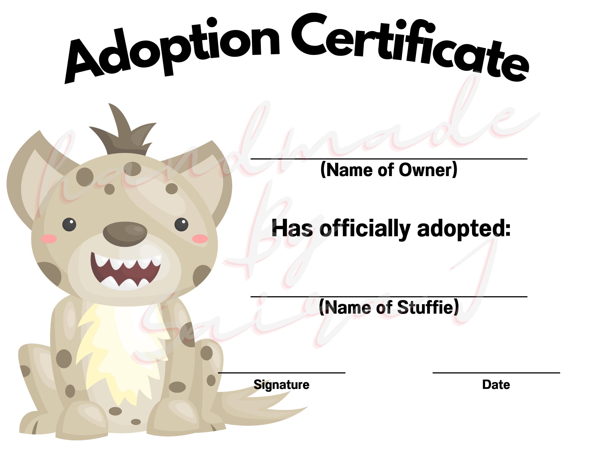 Hyena Stuffed Animal Adoption Certificate (PDF Download) - Etsy