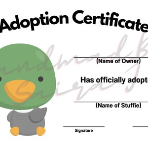 Mallard Duck Printable Plushie Stuffed Animal Adoption Certificate ...