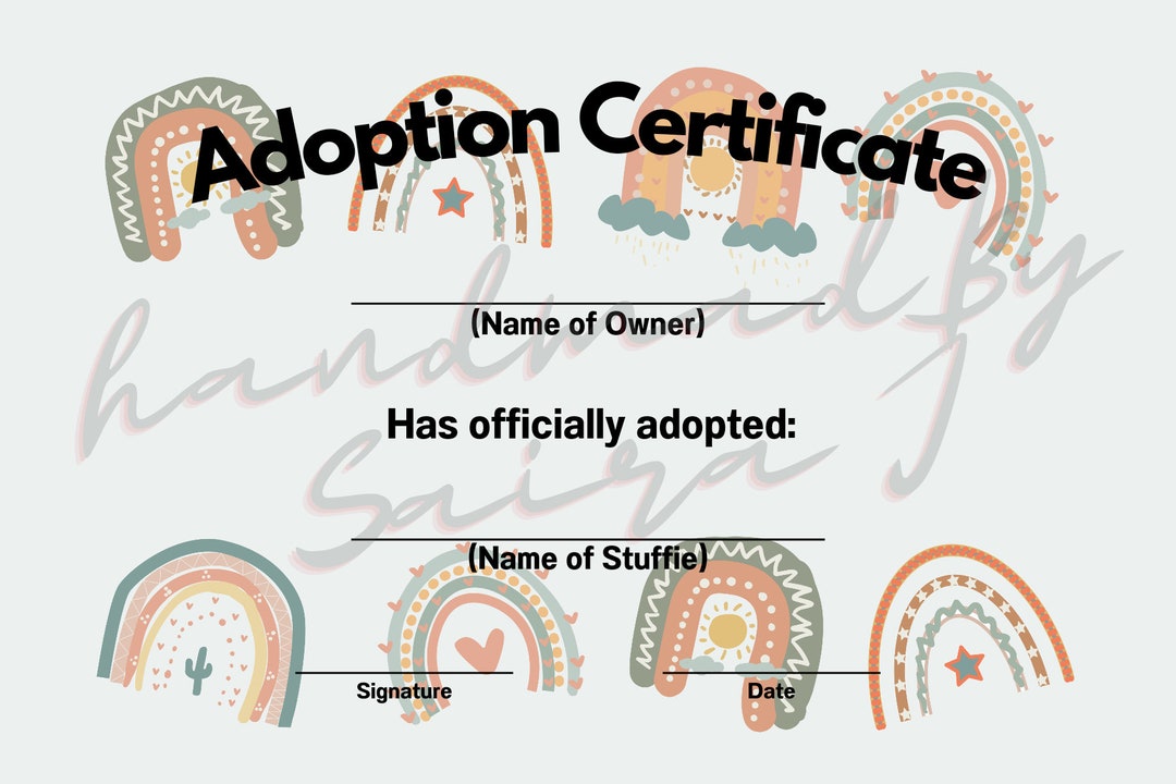 Boho Rainbow Stuffed Animal Adoption Certificate (PDF) - Etsy