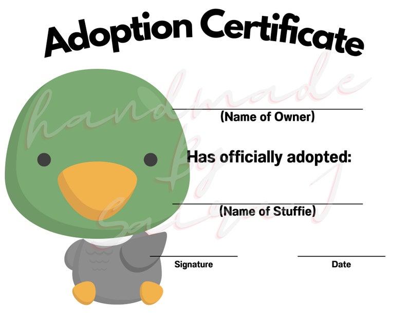 CF Mallard Duck Printable Stuffed Animal Adoption Certificate - Etsy