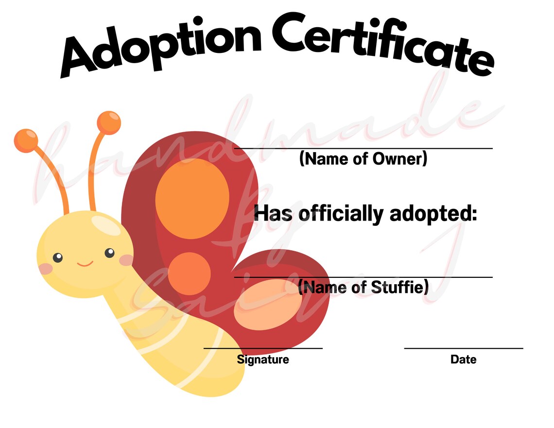 Butterfly Stuffed Animal Adoption Certificate (printable PDF) - Etsy