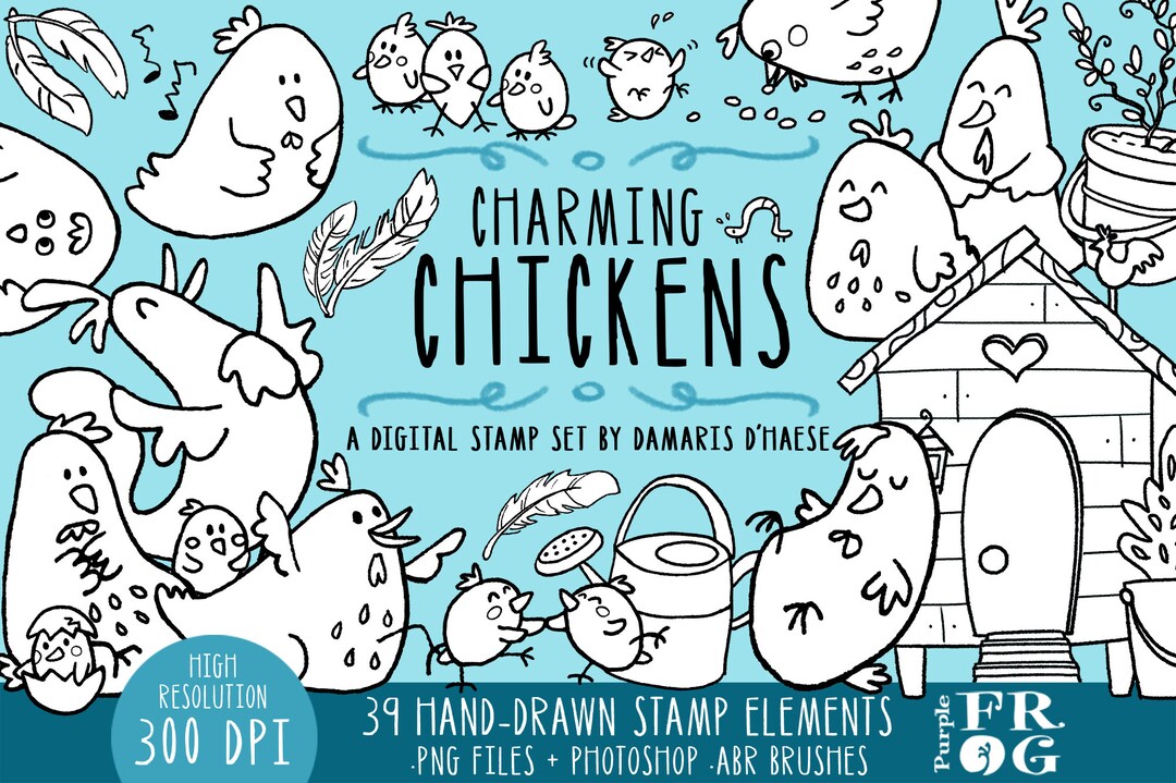 Charming Chickens - Digital Stamps, Photoshop Brushes. 39 Quirky Hand ...