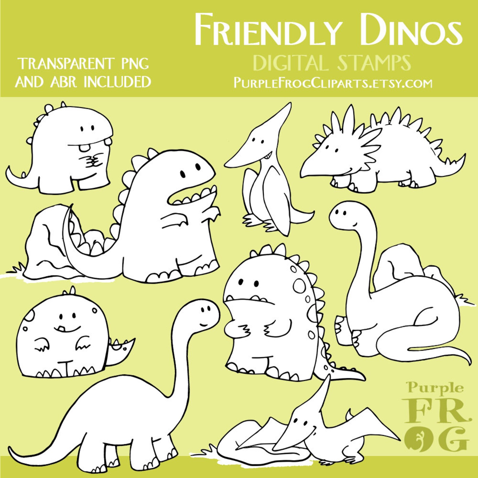 FRIENDLY DINOS - Digital Stamp Set, Brushes. 11 Images, 300 Dpi. Jpeg ...